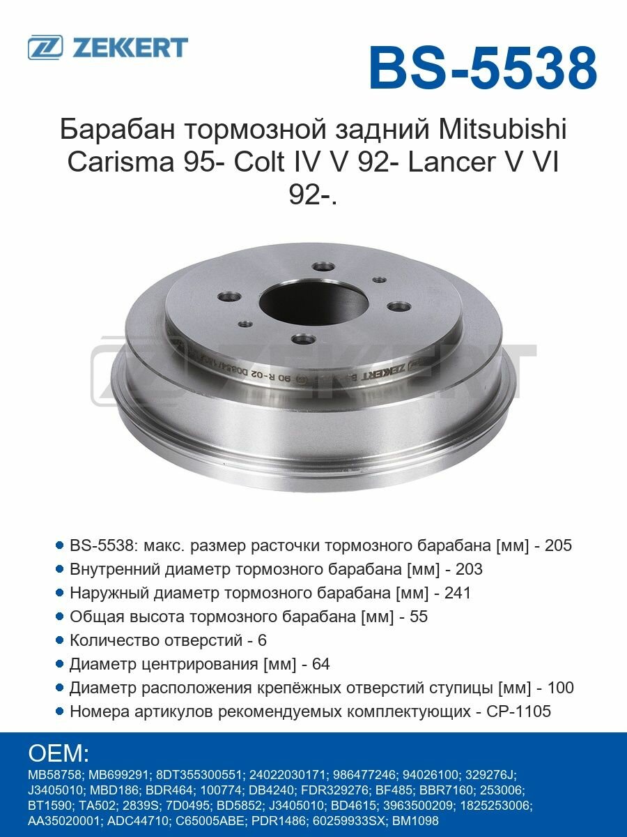 Zekkert Барабан тормозной задний Mitsubishi Carisma 95- Colt IV V 92- Lancer V VI 92-.