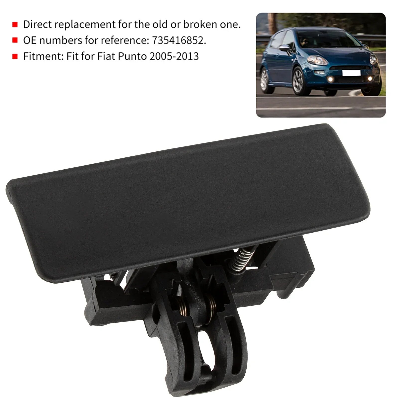 735416852 левая ручка перчаточного ящика со стороны водителя для Fiat Grande Punto 2005-2013, черная пластиковая открывающаяся ручка