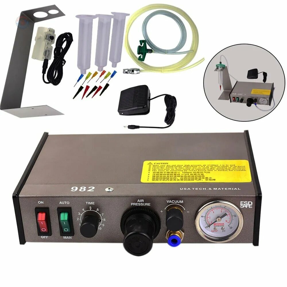 Пневматический дозатор клея AD-982, ручной и полуавтоматический клеевой аппарат для точного нанесения УФ, силиконового и эпоксидного клея в мелкой электронике и сборке