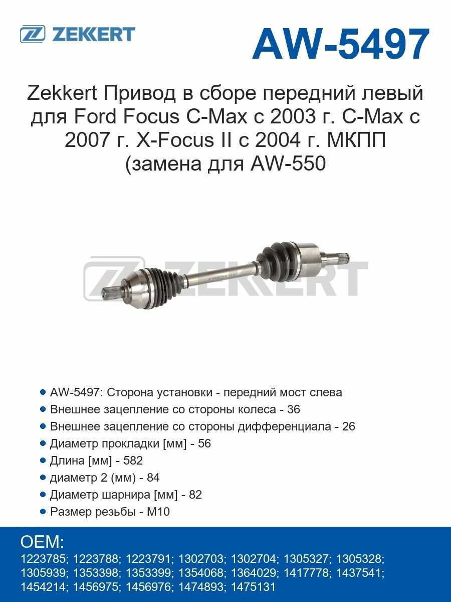 Zekkert Привод в сборе передний левый для Ford Focus C-Max с 2003 г. C-Max с 2007 г. X-Focus II с 2004 г. МКПП (замена для AW-550