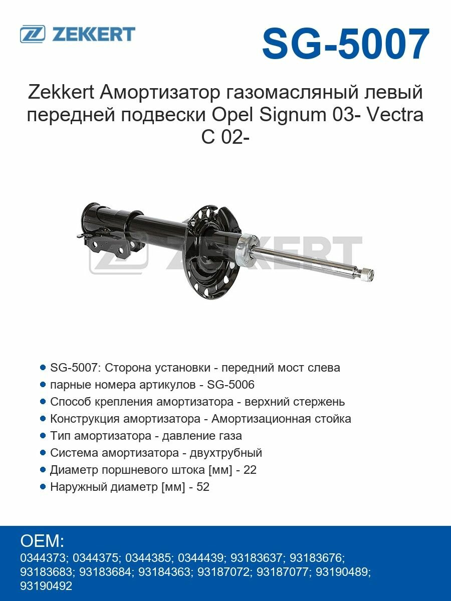 Zekkert Амортизатор газомасляный левый передней подвески Opel Signum 03- Vectra C 02-
