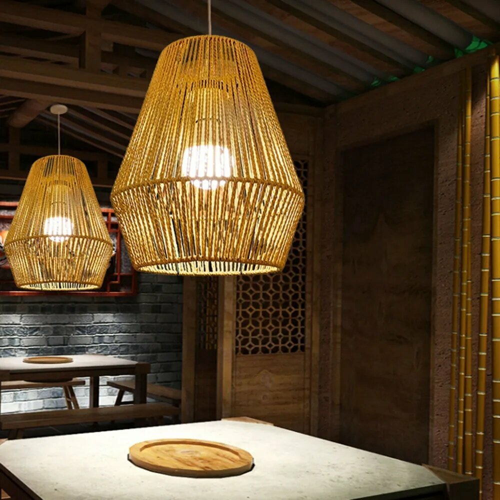 Подвесной светильник бамбуковый абажур овальный верх плетеный 19смx30см