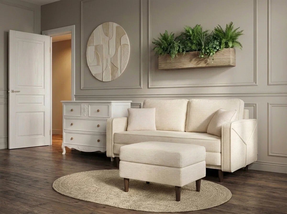 Раскладной диван "Ролс Мини" ДиванРус , 136*82 см, спальное 120*195 см, молочный велюр, крупный вельвет, евро-аккордеон