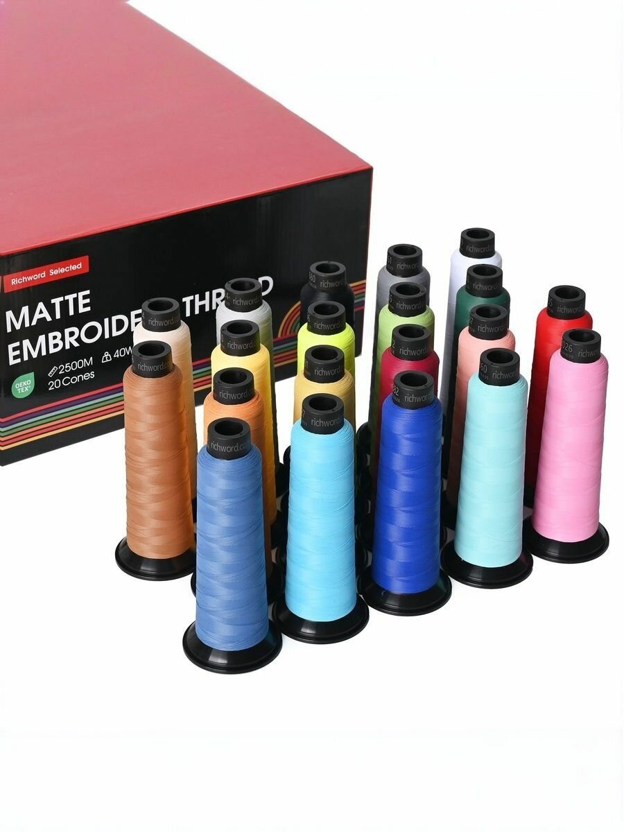 Матовые нитки для вышивания Richword 20 цветов, полиэстер, 2500 м, набор, каждая катушка подходит для вышивальной и швейной машины