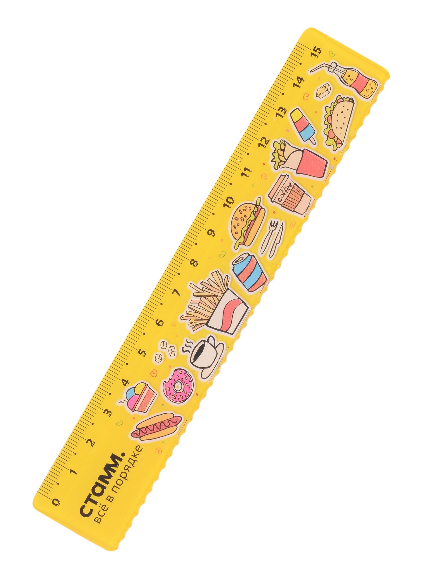 Линейка 15см пластик, "Фастфуд", волнистый край, подвес
