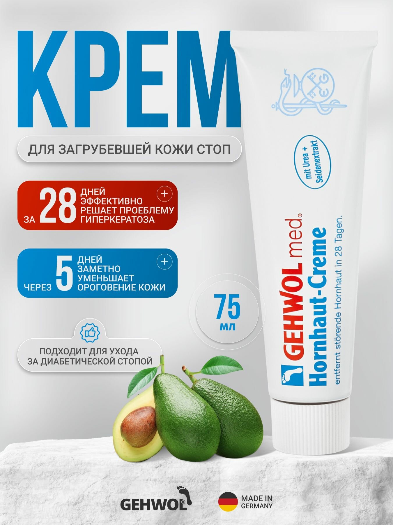 Крем Для загрубевшей кожи ног и трещин на пятках Геволь Hornhaut Creme от натоптышей, ороговения кожи, гиперкератоза, 75 мл