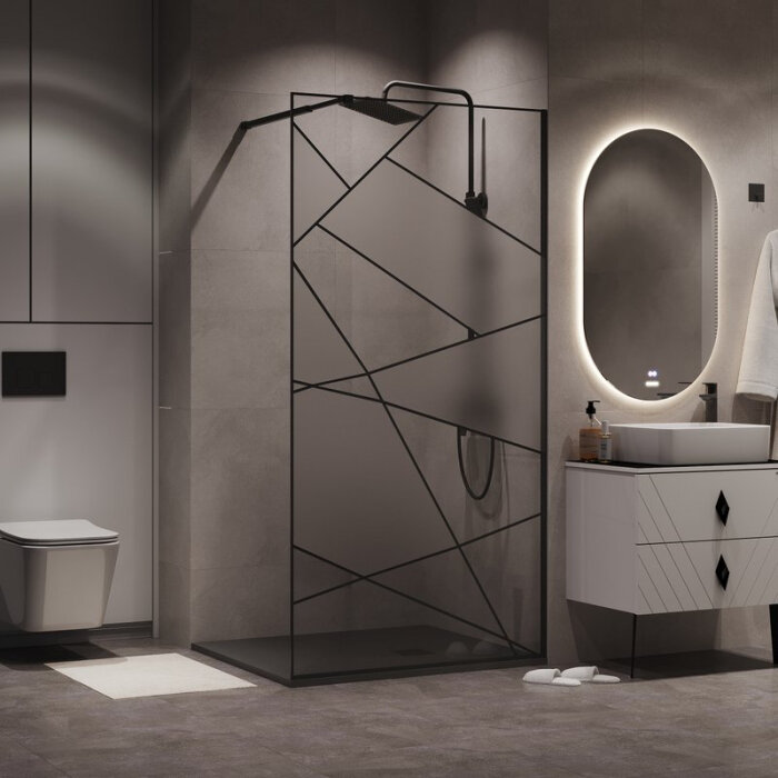 Душевая перегородка Niagara Nova NG-680-10BLACK 100х195, профиль матовый черный, стекло прозрачное с рисунком