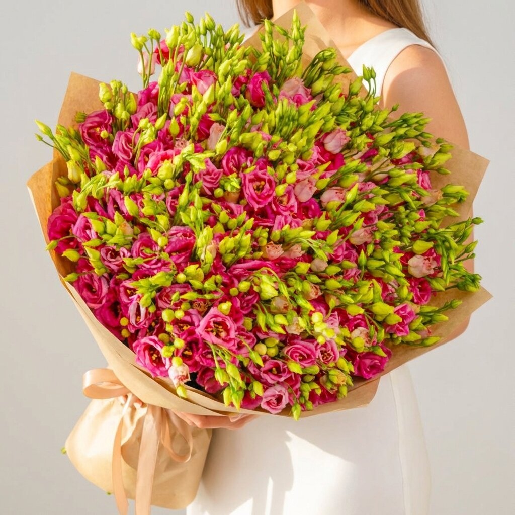 Букет Мегацвет24, Розовая Эустома, 101 цветок, сборка под ленту