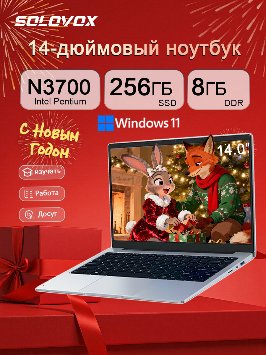 SOLOVOX Ноутбук для работы и учебы, 14" Hетбук, Intel N3700，RAM 8GB，SSD 256ГБ，Windows 11 home，Русская верстка