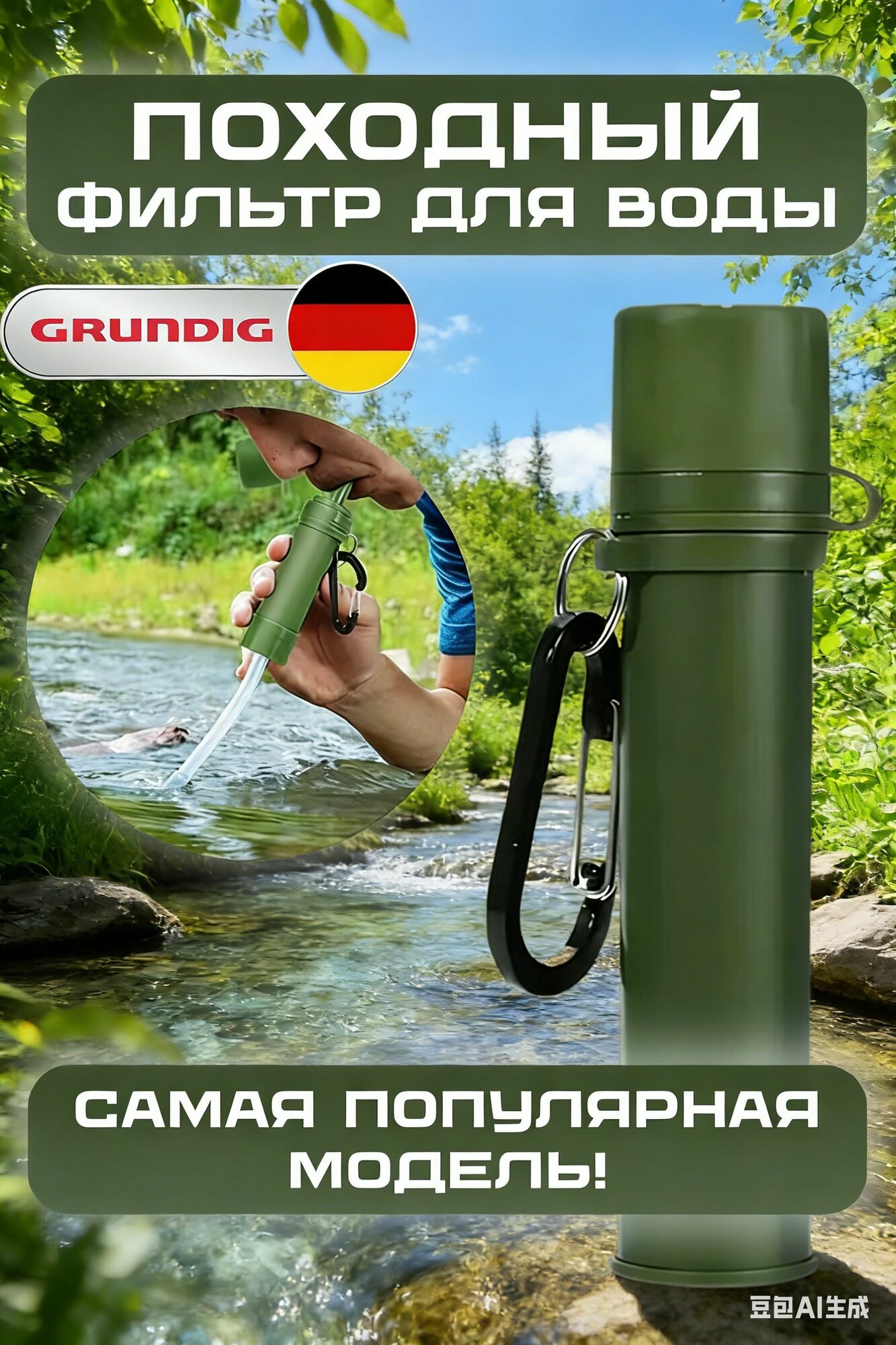 Grundig Фильтр для воды походный / Карабин в комплектепортативный для кемпинга и выживания, аварийный набор
