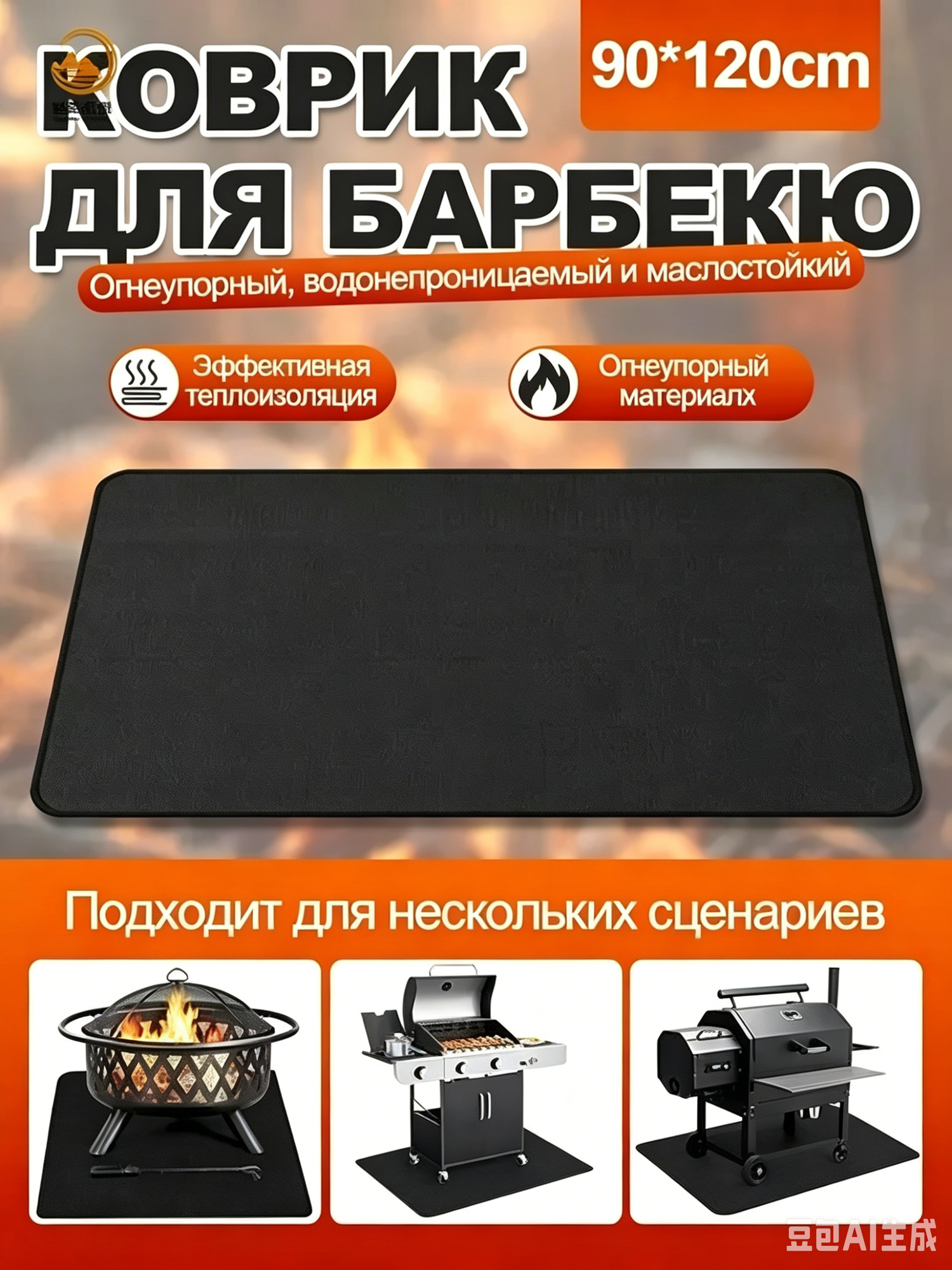 Огнестойкий коврик под мангал и гриль, жаропрочный защитный мат для террасы и газона, 90х120 см
