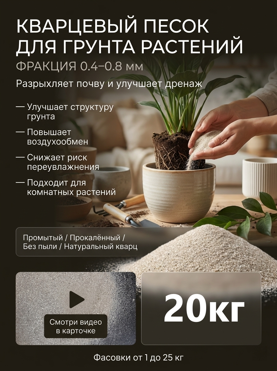 Дренаж для растений 0.4–0.8 мм, кварцевый песок, мелкая фракция, добавка в грунт, чистый, 20 кг