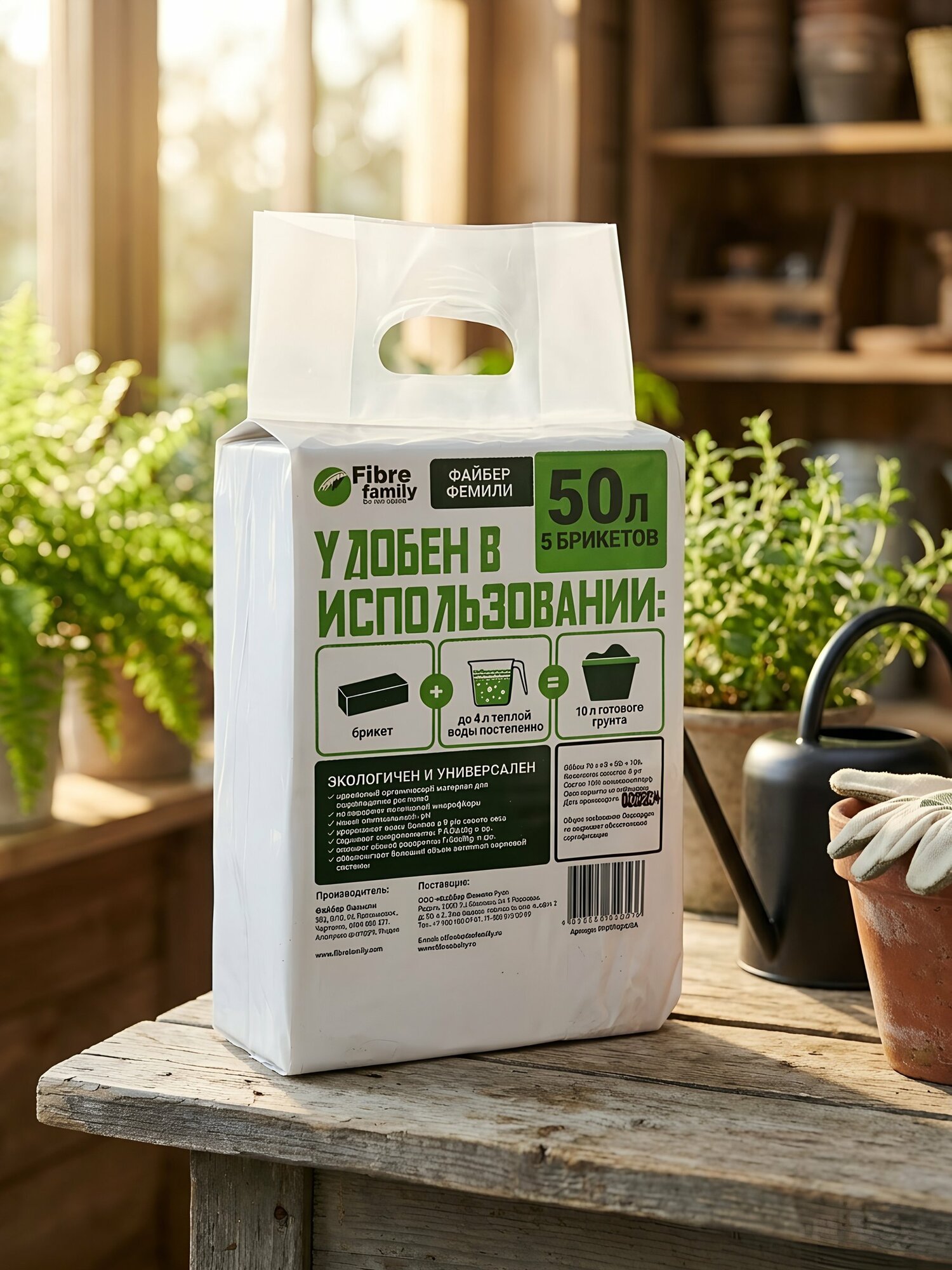 Кокосовый субстрат Fibre Family в брикетах 10 литров, органический грунт для рассады, комнатных растений и цветов.