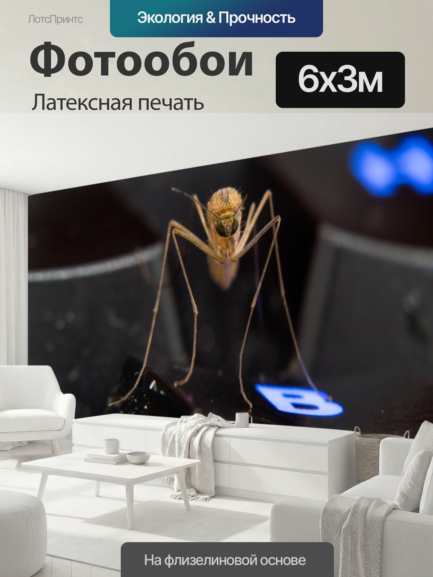 Фотообои моющиеся ударопрочные "Комар, клавиатура, насекомое" 600x300 см. латексная печать
