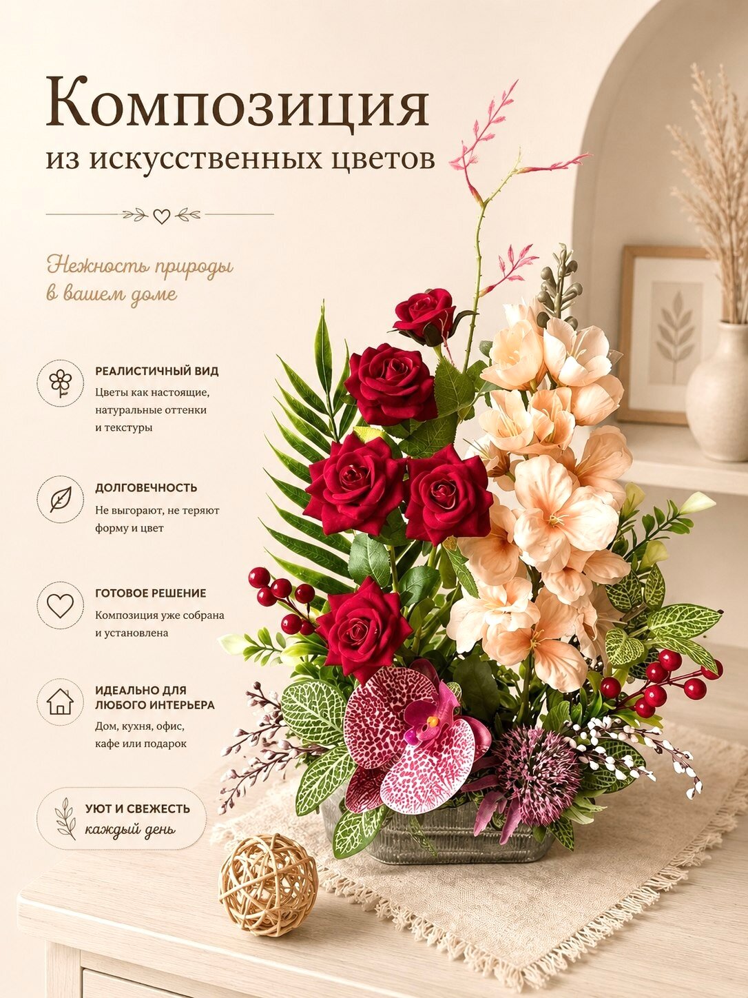 Искусственные цветы- Роза, дельфиниум, орхидея в кашпо от ФлораВи