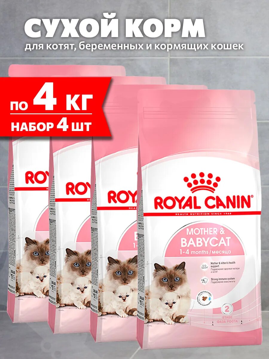 Корм сухой Royal Canin Mother & Babycat 34 для котят до 4 месяцев, беременных и кормящих кошек, 4 кг х 4 шт