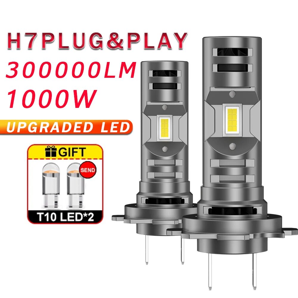 H7 Лампа для фар Размер 1:1, беспроводная светодиодная лампа CSP для автомобиля, 1000 Вт, турбо, двойной вентилятор, охлаждающая светодиодная лампа, 6500K, Canbus, авто фонари, супер яркие, Two cooling fans, 650K CANBUS, H7