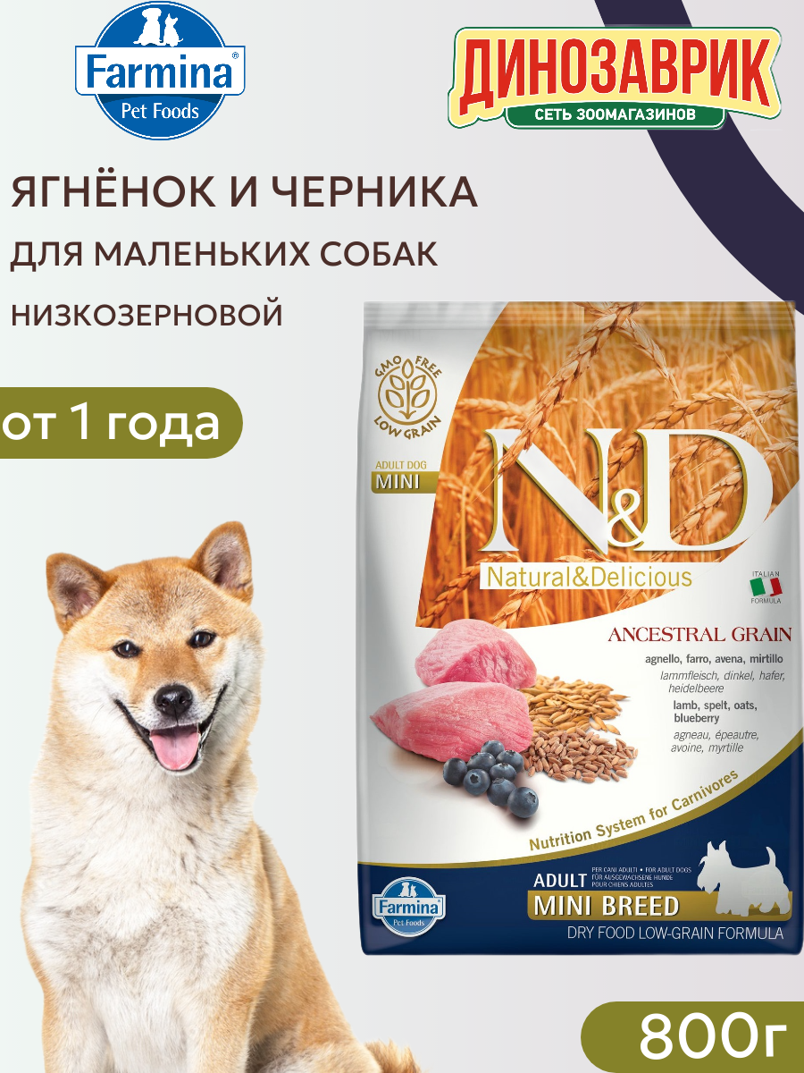Сухой корм Farmina N&D для собак мелких пород, низкозерновой, с ягненком и черникой 800гр