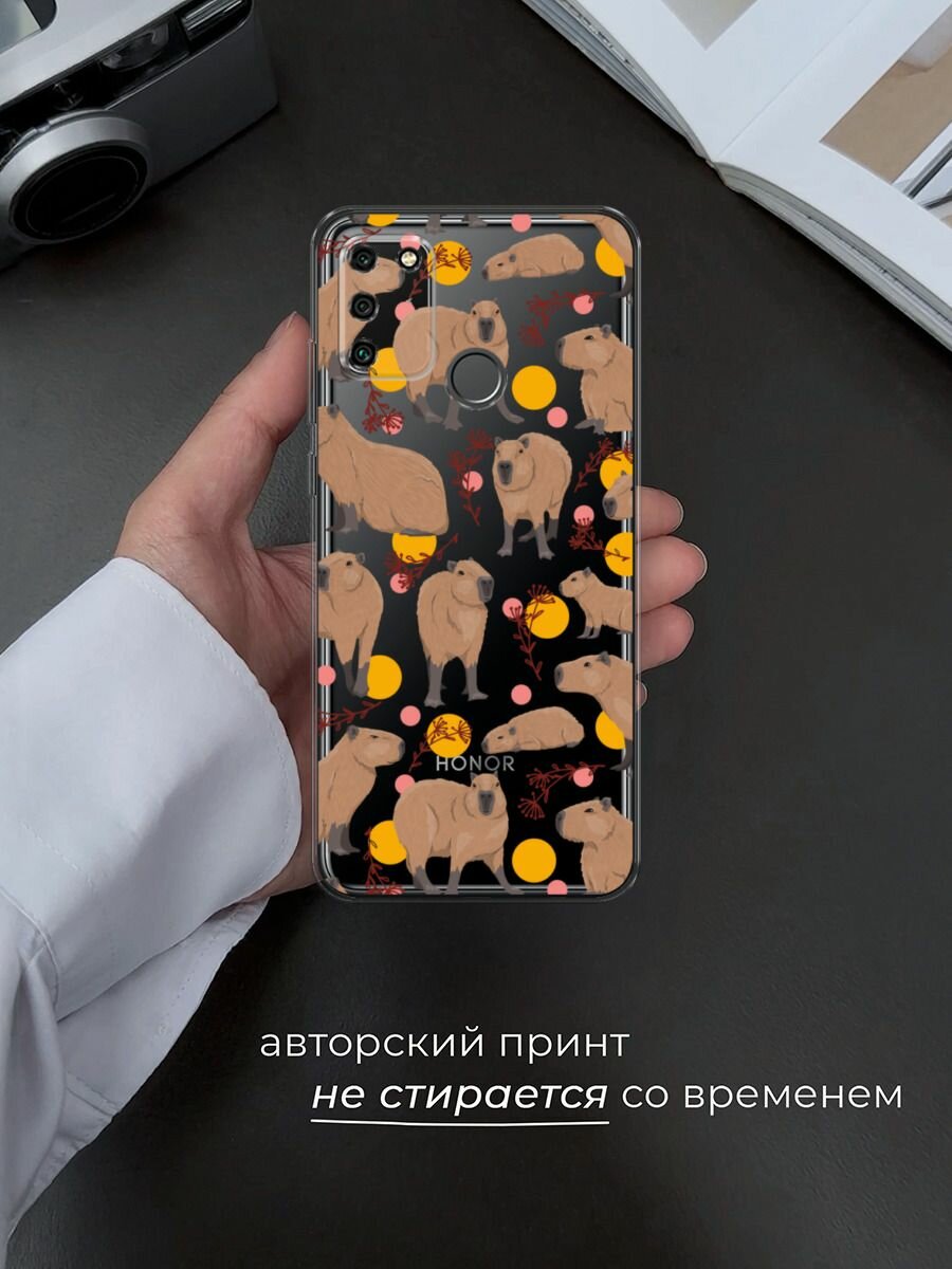 Чехол на Honor 9A / Хонор 9А с принтом "Капибара паттерн", прозрачный — фото 1