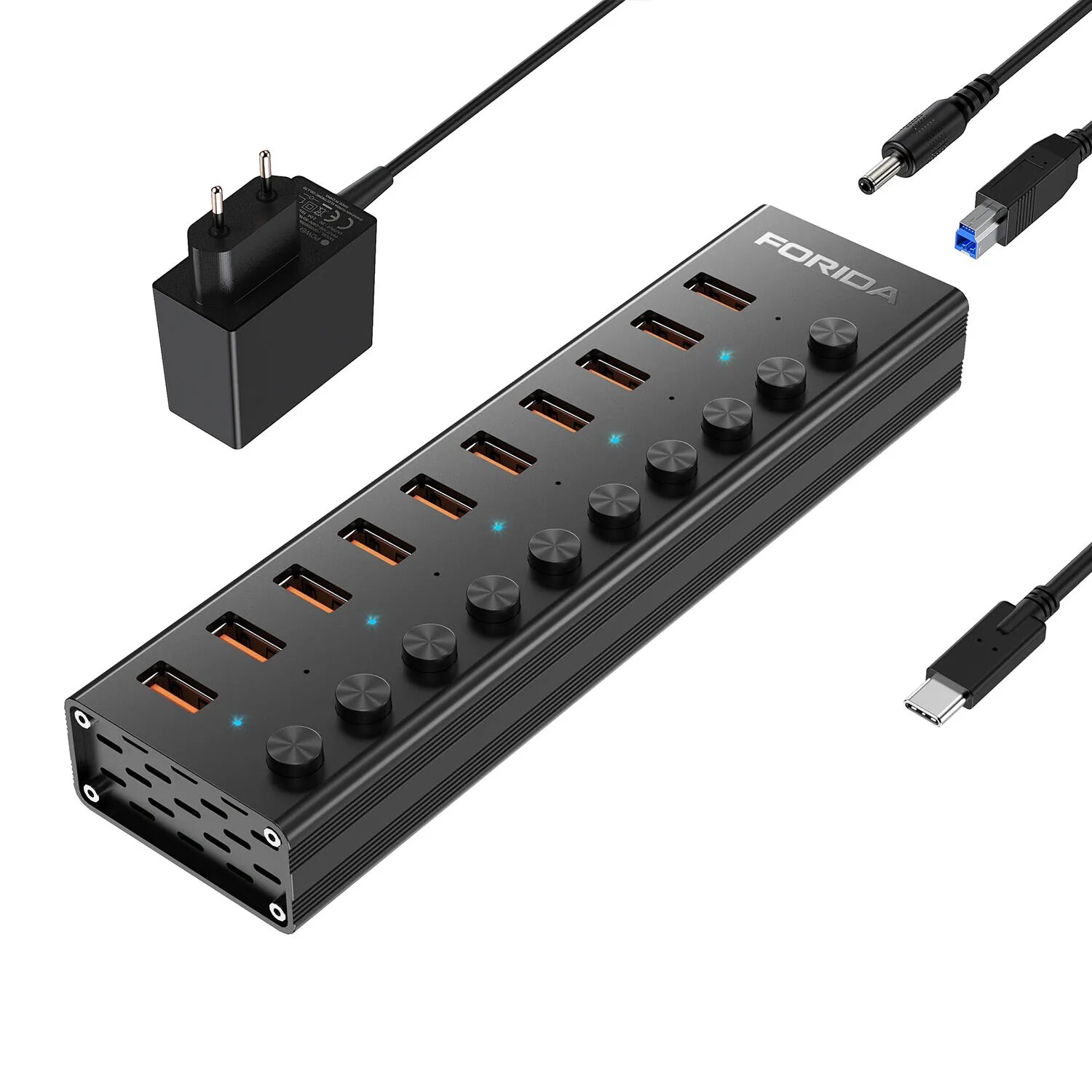 FORIDA 10 портов USB A 3.2 10 Гбит/с USB C Hub Док-станции Разветвитель включения/выключения Адаптер питания для настольного ПК, ноутбука Macbook, 10 Port 10Gbps EU C
