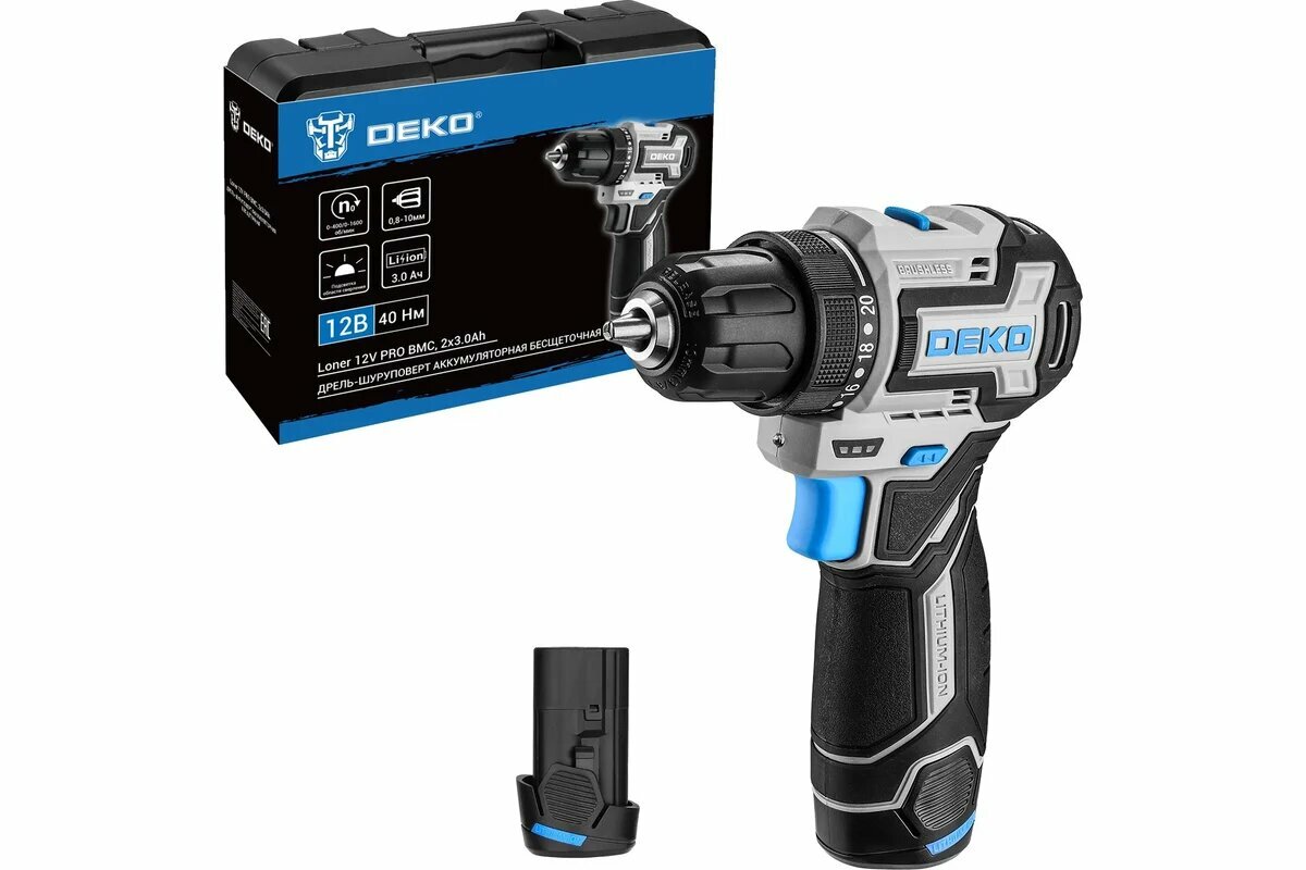 Аккумуляторная бесщеточная компактная дрель-шуруповерт DEKO Loner 12V PRO в кейсе, 12В, 2x3.0Ач 085-1011