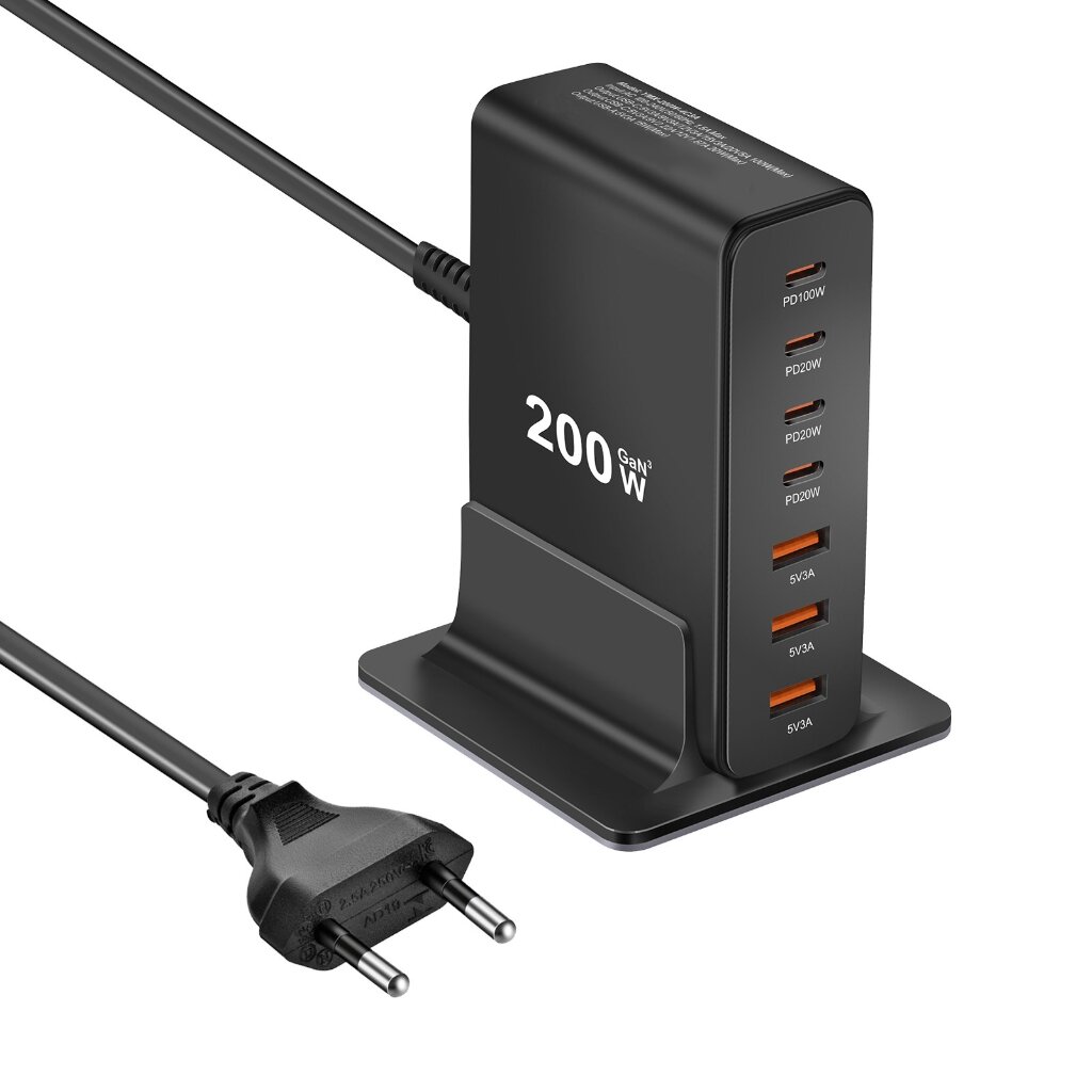 Зарядный кирпичный концентратор Зарядная станция мощностью 200 Вт, 7-портовый USB-адаптер питания для зарядки, Настольный блок быстрых зарядных устройств USB Type C PD