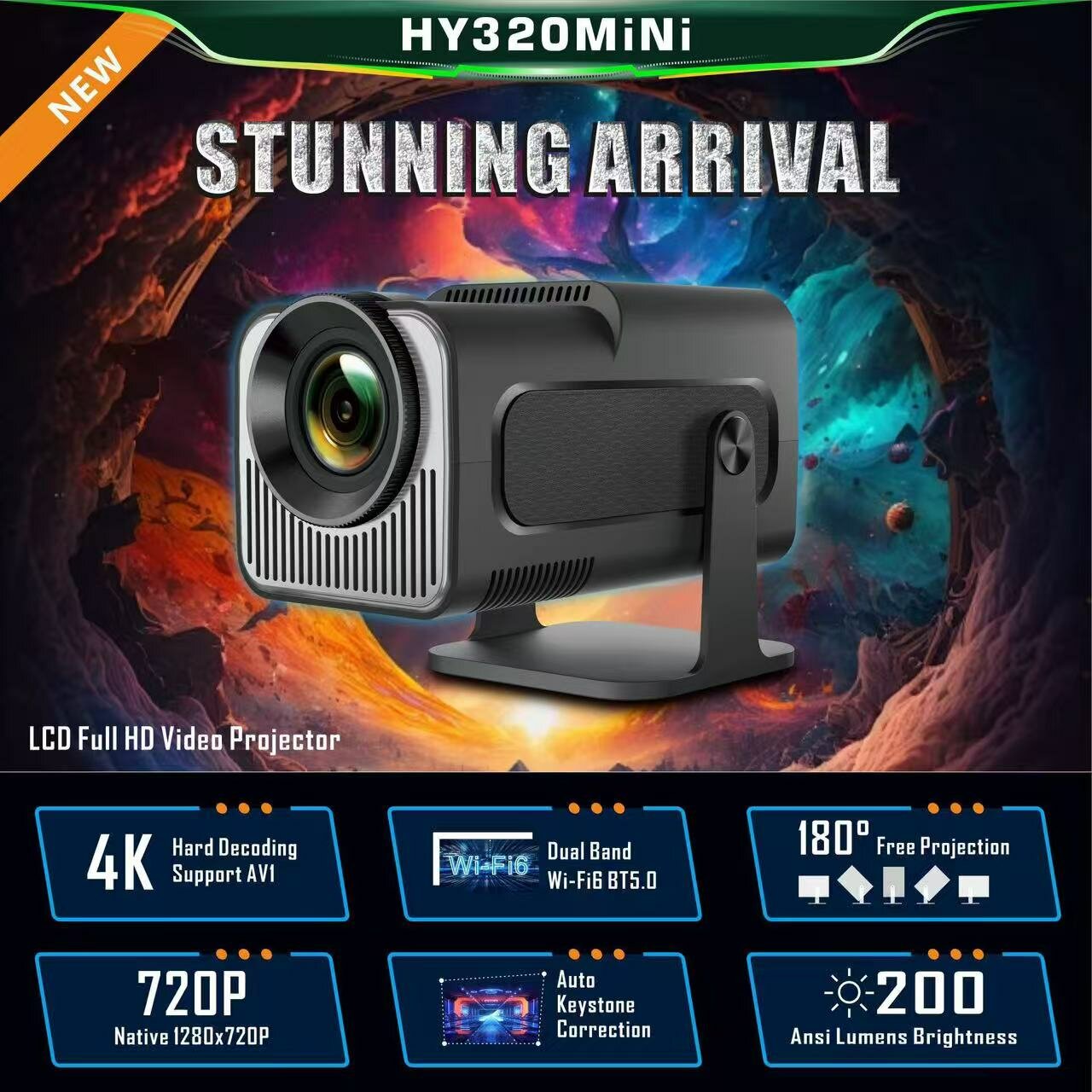 HY320mini проектор 720P андроид 11 hd портативный wi-fi проектор
