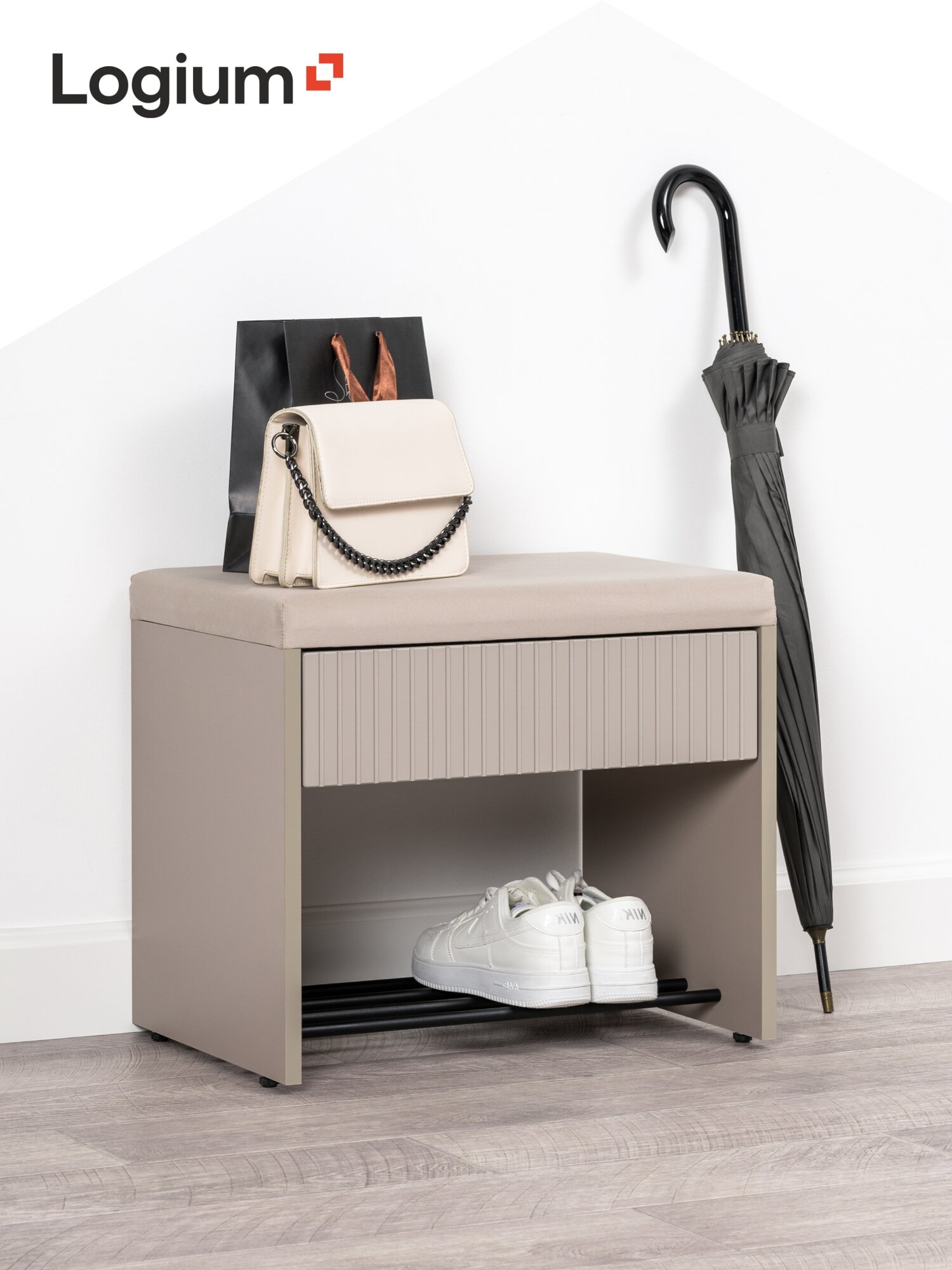 Обувница с сиденьем, 51*36*45, Глиняный серый, Крем, Velutto 16 (платиновый), "Интерия 16.132"
