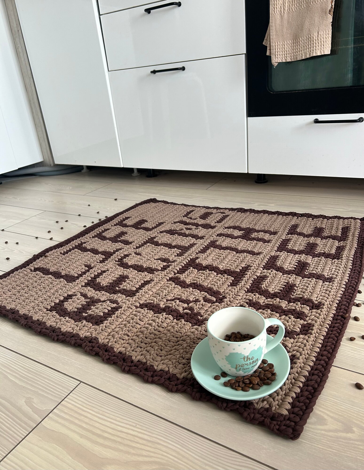 Ковер хлопковый с надписью Life begins with coffee, ручная работа, вязаный, дизайнерский