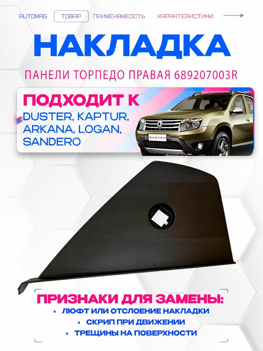 Накладка (крышка) панели торпедо правая для Renault Duster, оригинал, арт.689207003R