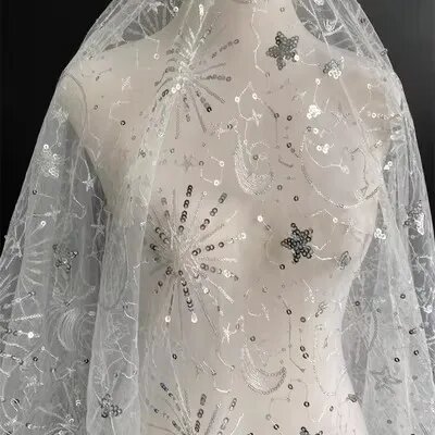 Кружевная ткань с вышивкой "Звездное небо" белый