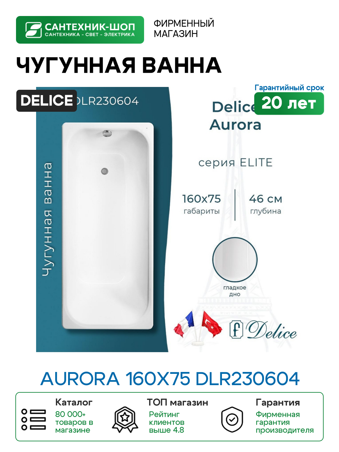 Чугунная ванна Delice Aurora 160x75 DLR230604 без отверстий под ручки и антискользящего покрытия