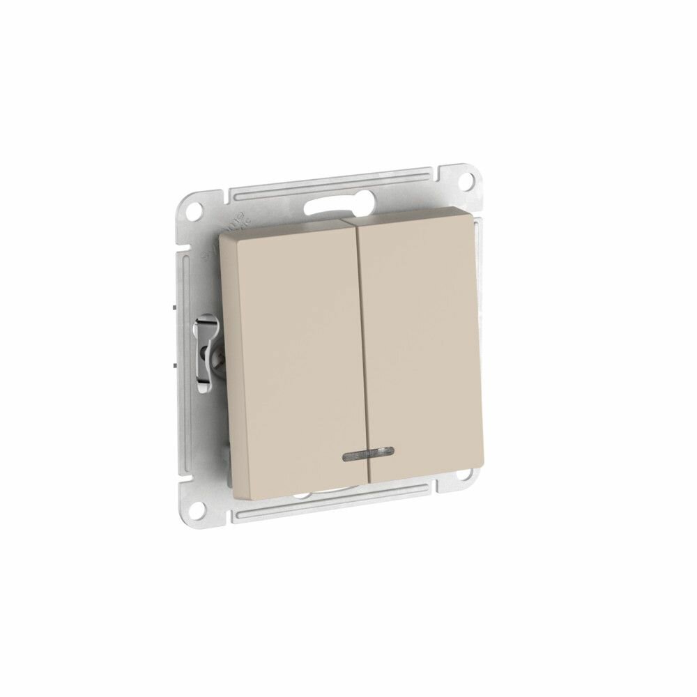 Выключатель двухклавишный Systeme Electric с подсветкой, схема 5а, 10АХ, механизм, быстрозажимные клеммы, песочный, Atlasdesign