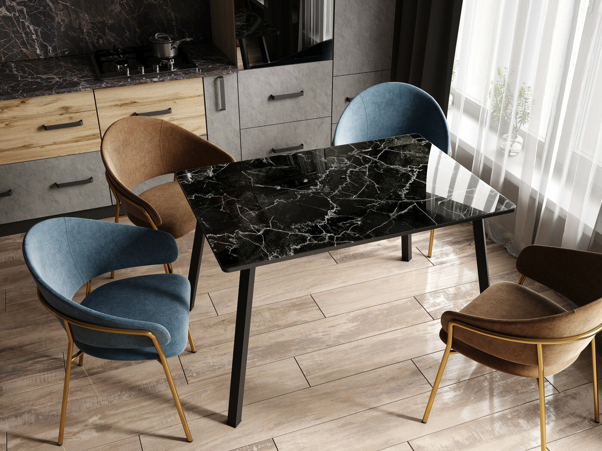 Стол обеденный на четырех ножках, 1100х700, фотопечать мрамор черный