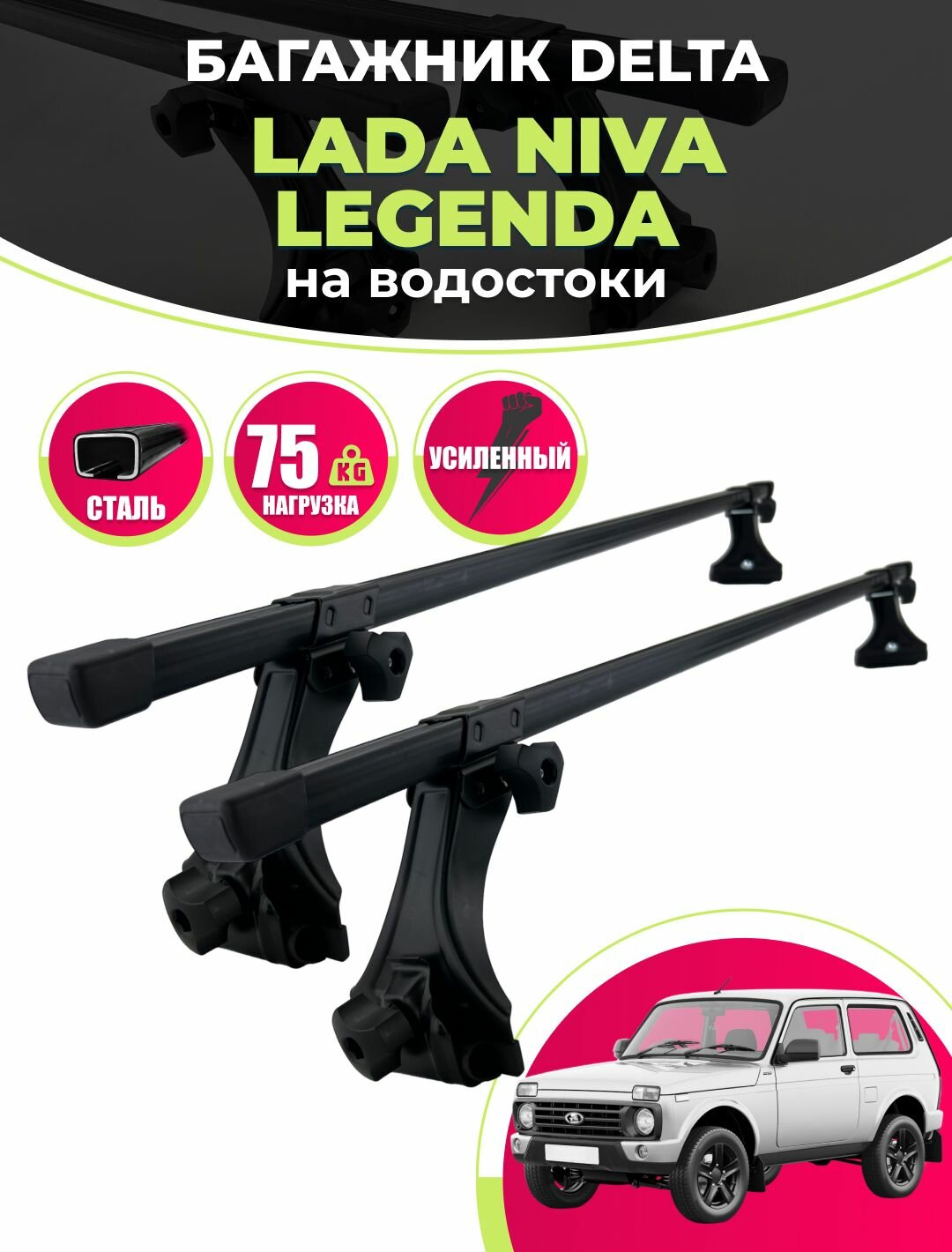 Багажник для Lada Niva Legenda на крышу за водостоки DELTA : 2 - рейки (20х30) 1,4м, черный пластик + стойки окрашенные 4 шт.