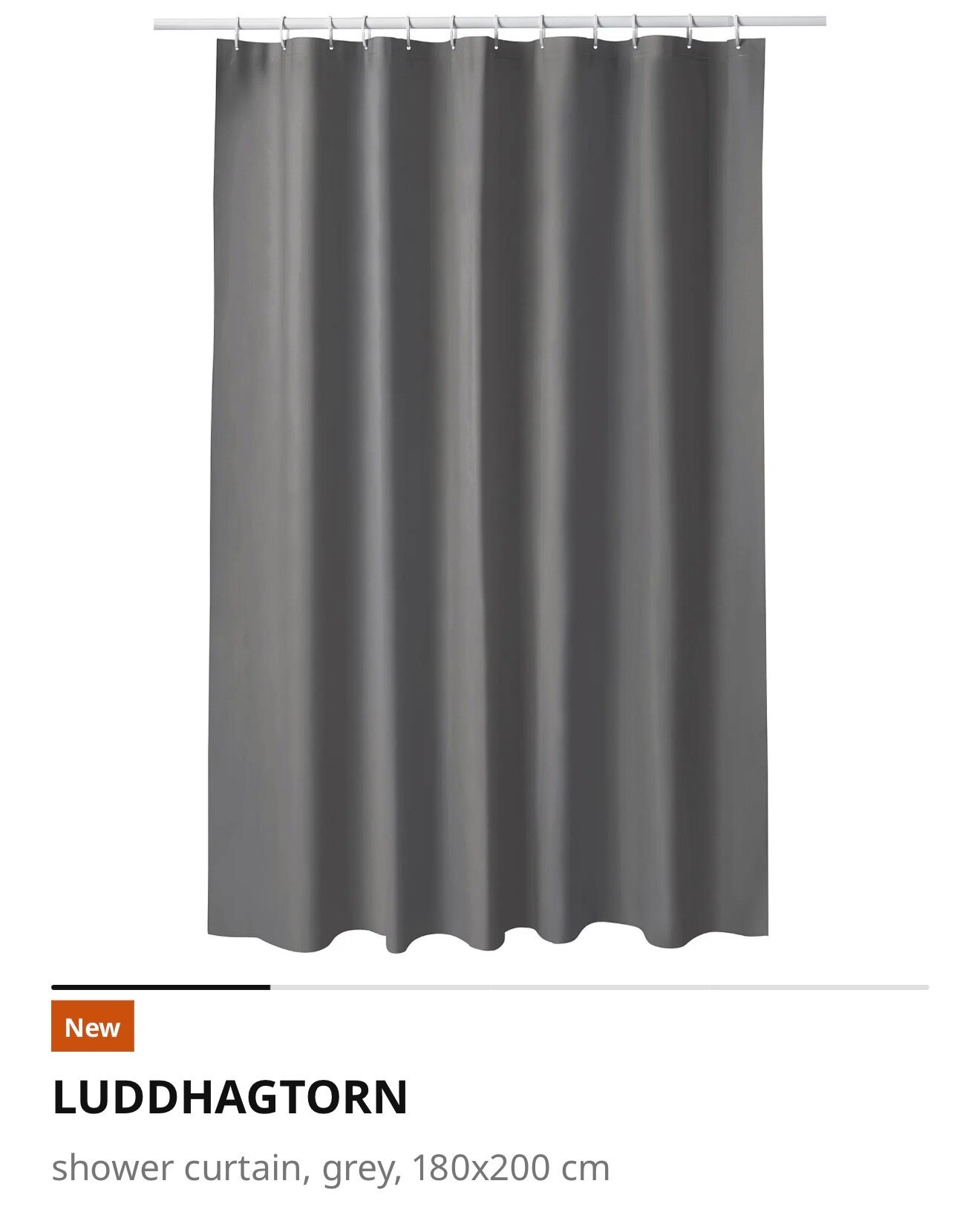 Штора для ванной IKEA LUDDHAGTORN, 180x200 см, серый, PEVA 100%