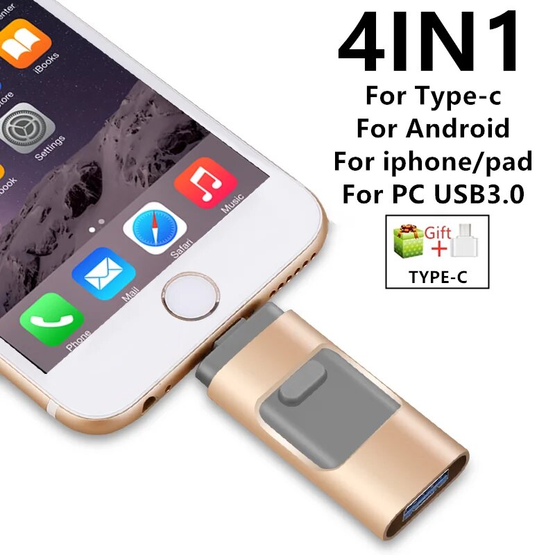 Флешка для iPhone/ipad 4в1, 1 ТБ, 512 ГБ, 256 ГБ, флэш-накопитель Mirco PC, Android, USB 3,0, интерфейс памяти, бесплатное приложение, подарок type-c