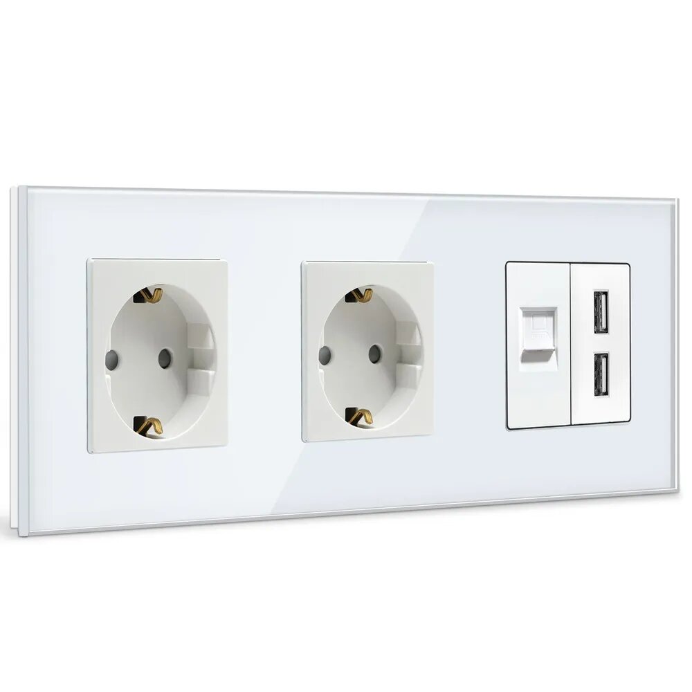 Розетка с комп RJ-45 / 2USB, интернет CAT5+2USB+2розетка, рамка стекло Белый