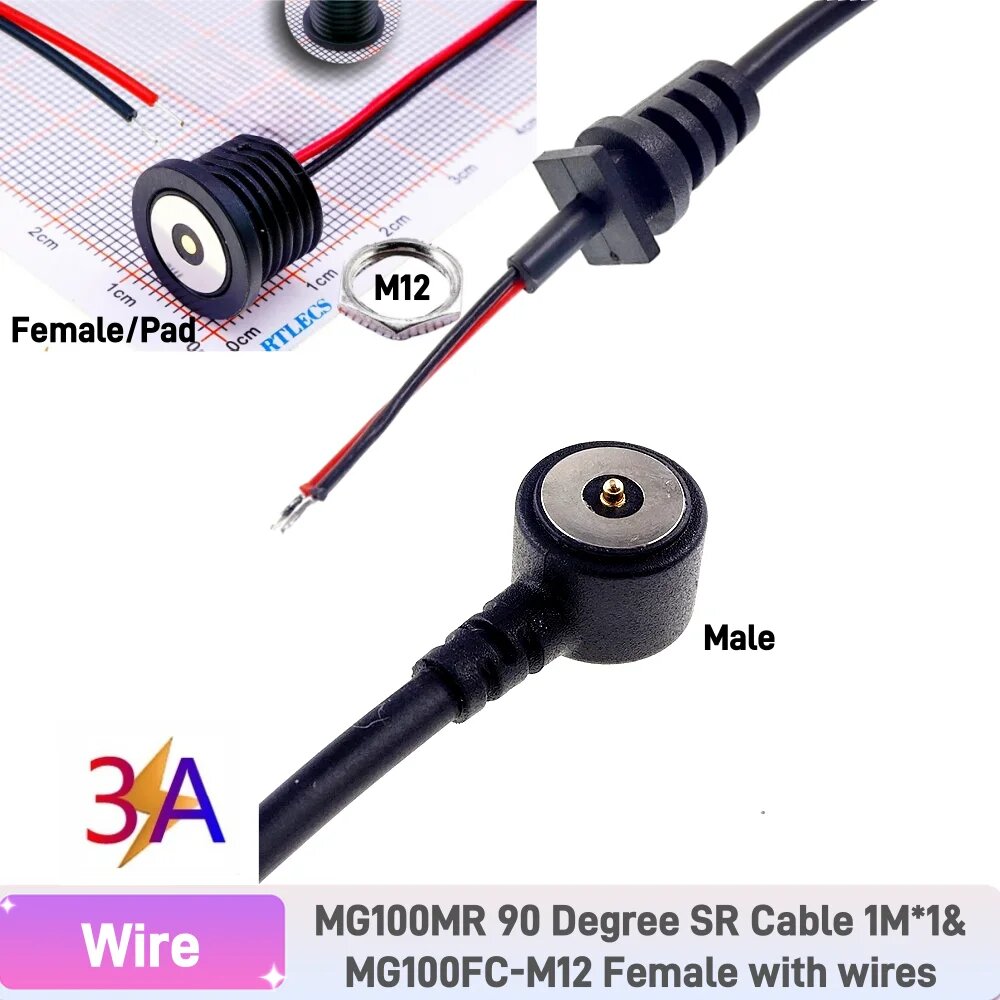 RTLECS MG01xx-x Pogo-контактный магнитный разъем, водонепроницаемый, 3А, 12В 90 SR F M12 Wire