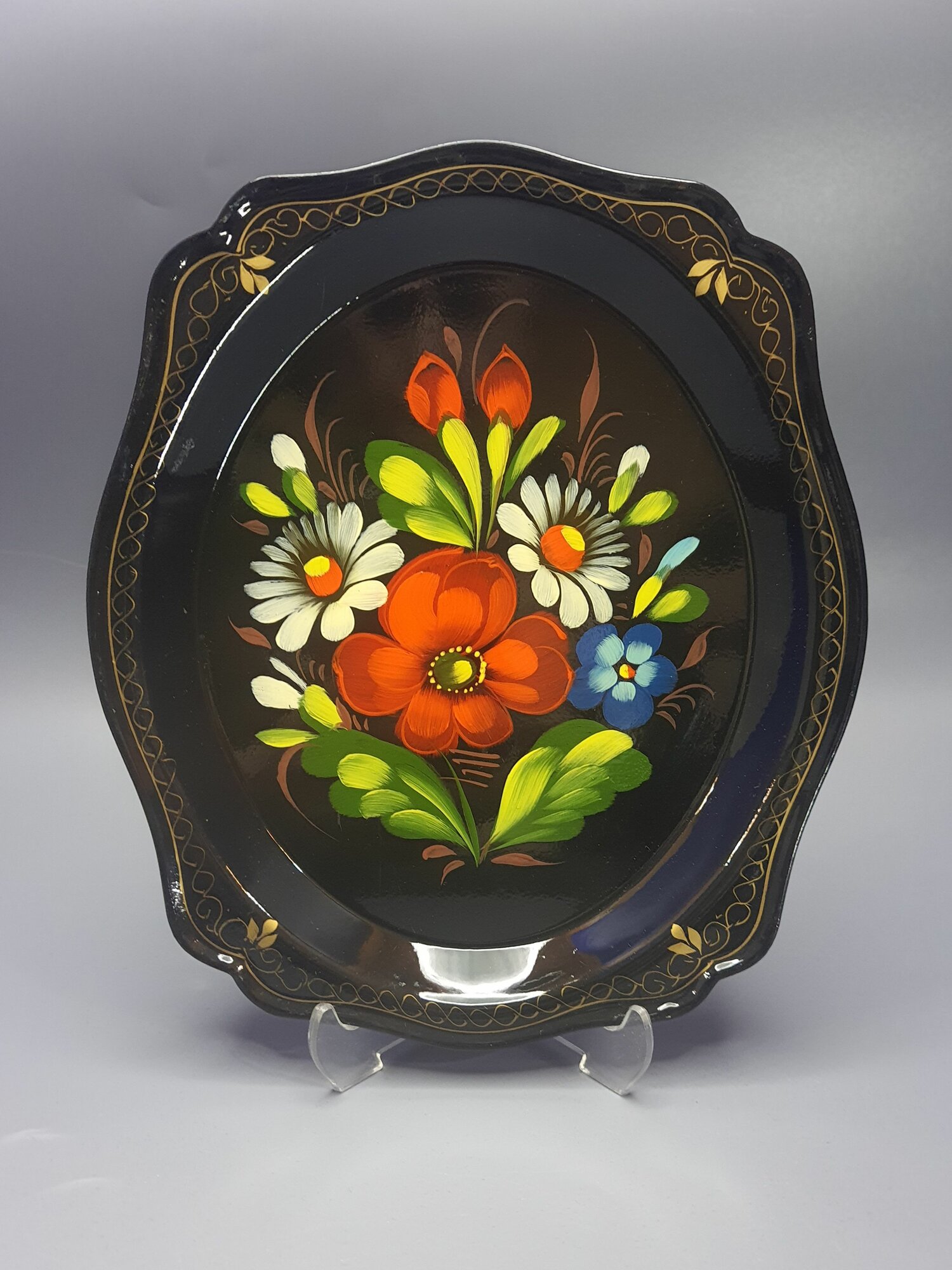 Винтажный поднос металлический Жостово, ручная роспись, СССР 80е.