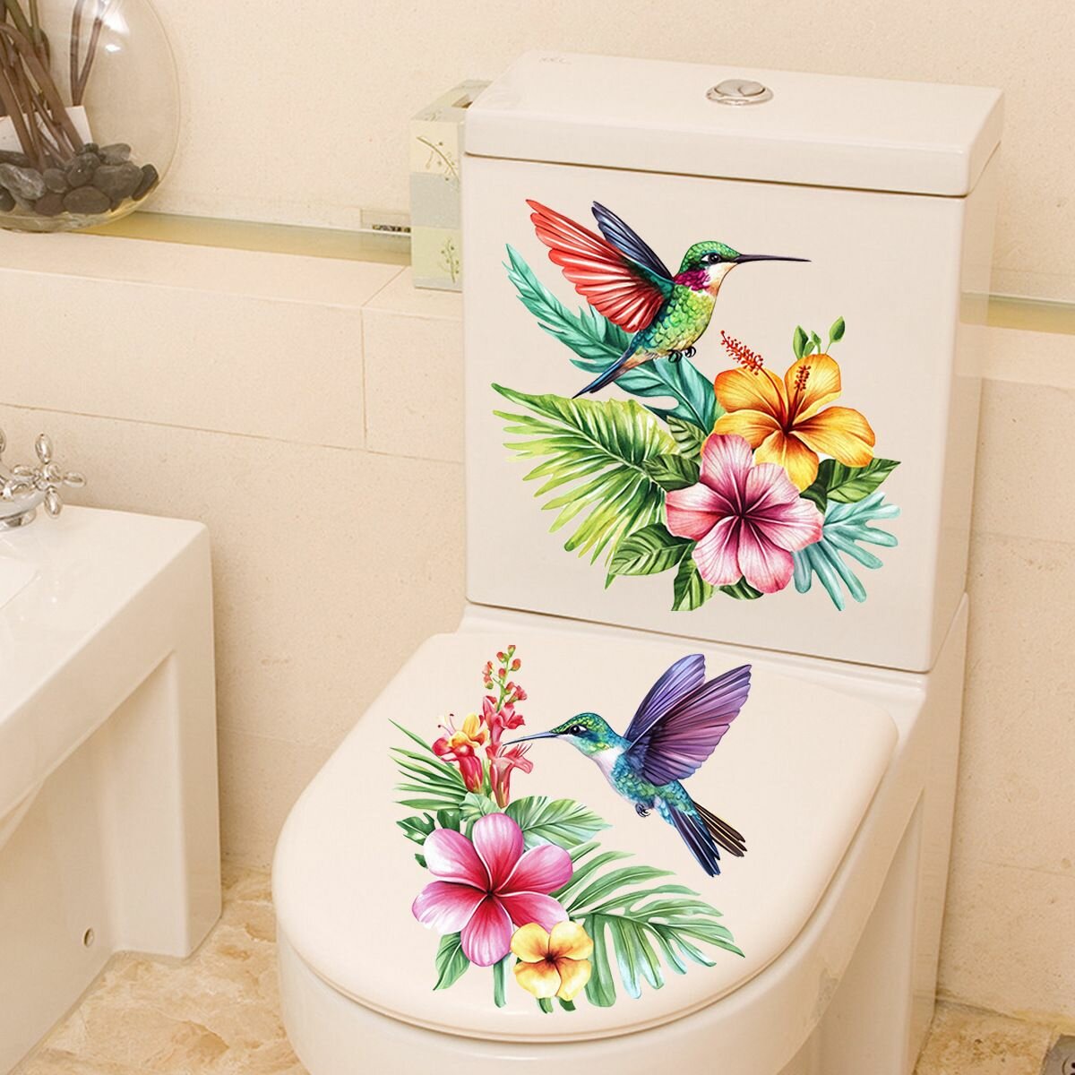 2 цветочных наклейки для ванной комнаты и туалета с изображением колибри