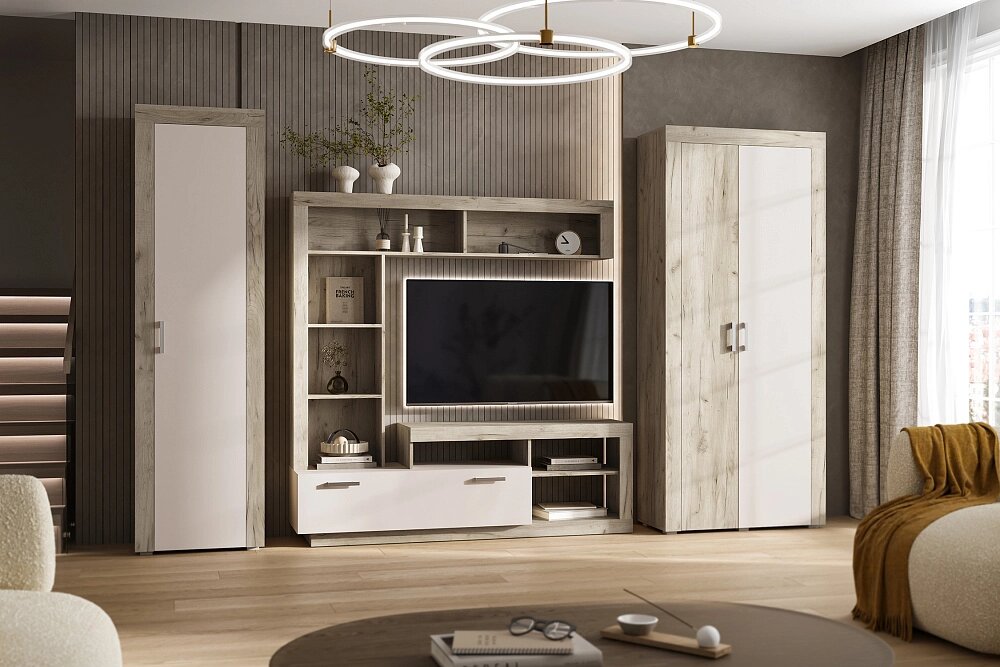 Модульная гостиная 2 центральная секция, шкаф двухстворчатый, пенал, Ангара, 318.9х207х41.6 см Дуб Крафт серый / Кашемир