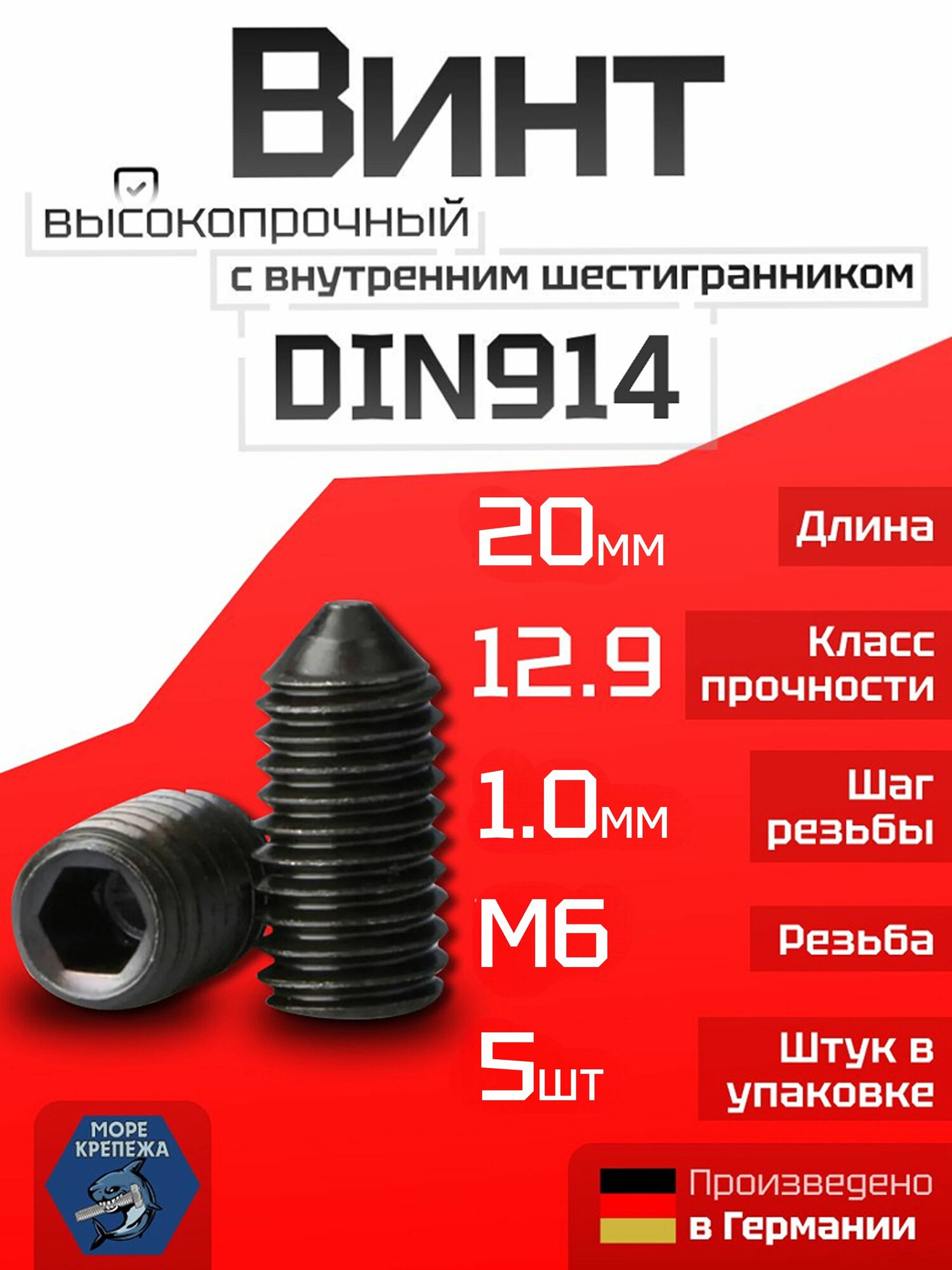 Винт установочный M6 х 20 мм DIN 914 с конусным острым концом и внутренним шестигранником, сталь класса 12.9, черный, 5 шт