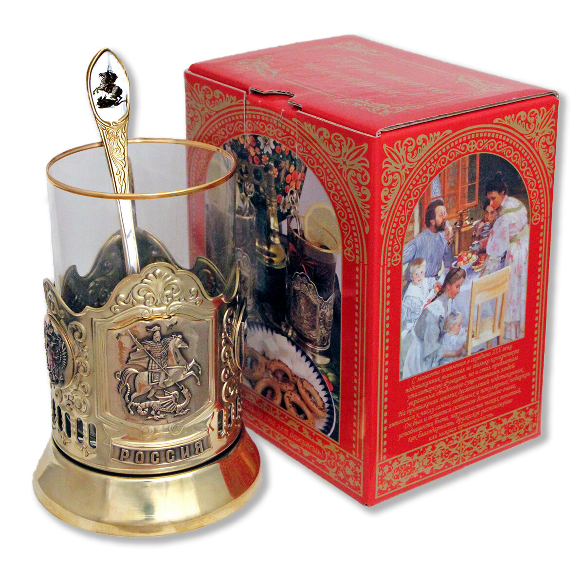 Набор для чая "Георгий" (3 пр.) (стакан - стекло, картонная коробка, ложка - нерж. сталь зол.) ПДЛ-424КС