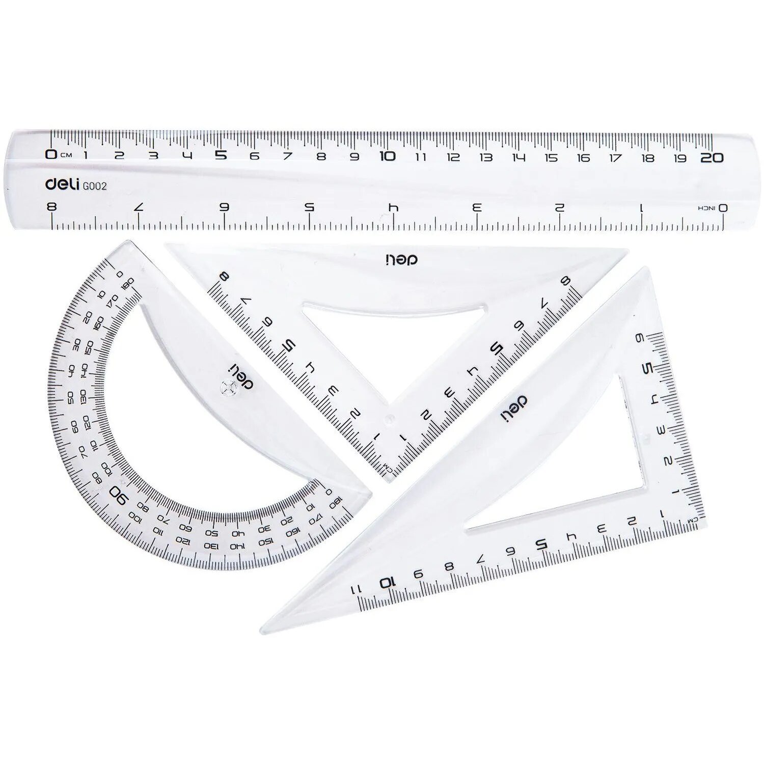 Набор чертежный Deli EG00412 средн: лин 20см, угольн 11 и8см, трансп12см, прозр
