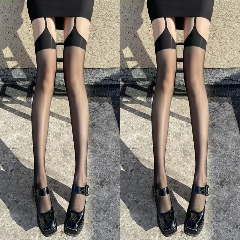 Сексуальные чулки с подвязками, цветные блоки, красный край, шелковые чулки для женщин, длинные трубки, ультратонкие, горячие девушки, черные шелковые чулки в стиле чистого желания