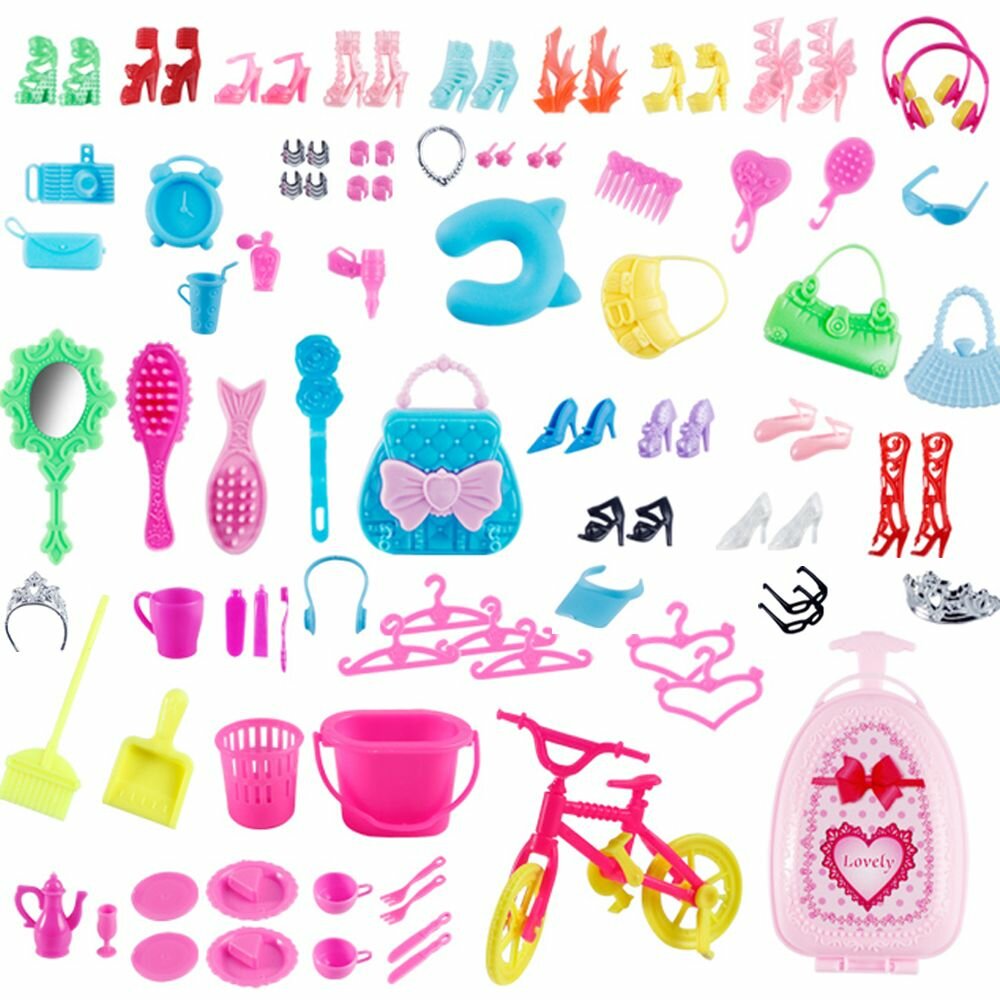 78 Предметов Кукольных аксессуаров, подходящих для куклы Барби: Обувь, Сумки, Украшения