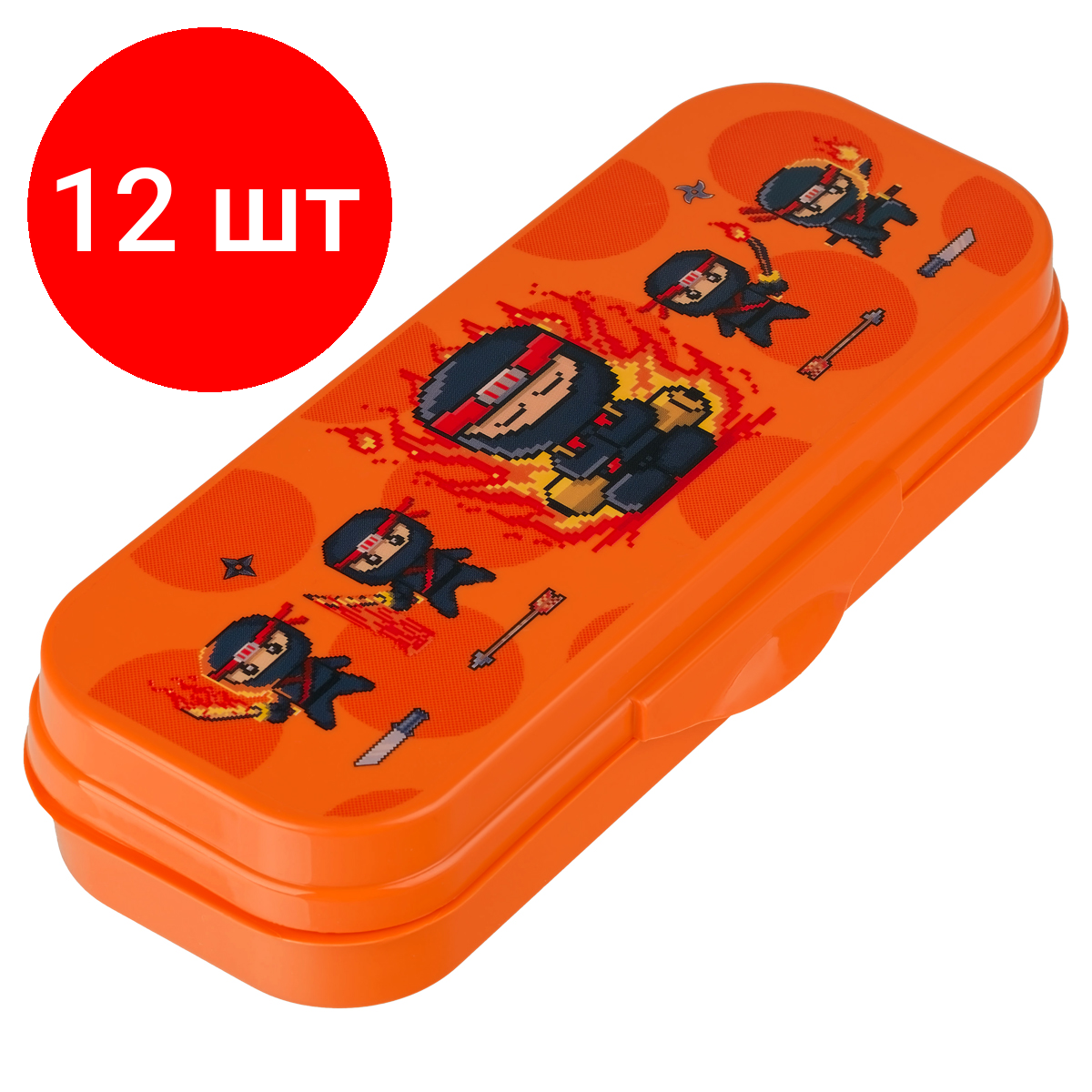 Комплект 12 шт, Пенал-футляр, 215*90*43 СТАММ "Ниндзя", оранжевый