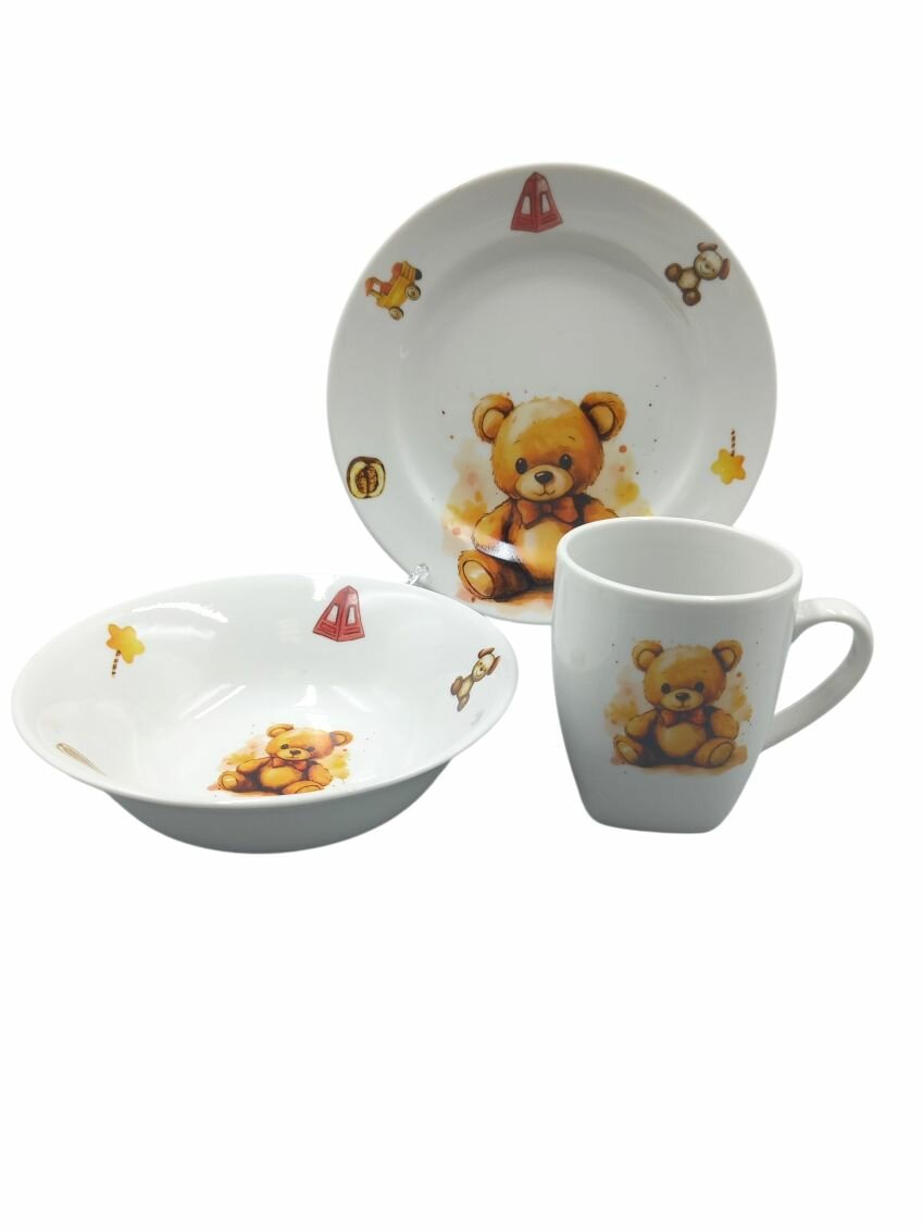 Набор детской фарфоровой посуды из 3-x предметов "Мишутка" Дулево (салатник, тарелка, кружка Глория)