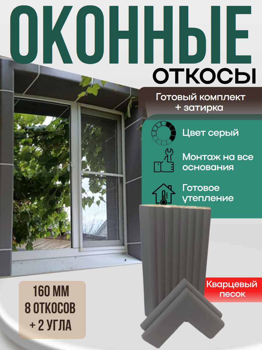 Оконные Откосы Утеплённые, Фасадные, Набор на окно(углы в комплекте), цвет Серый, 8 откосов+2 угла, глубина 160 мм